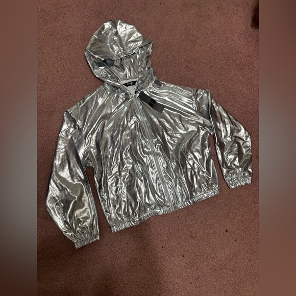 Jackets & Coats | New Medium Silver Metallic Jacket Hoodie Rave ...